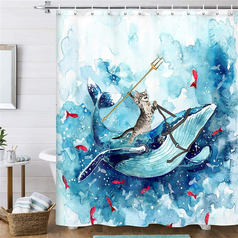 East Urban Home Funny Cat Whale Shower Curtain Hilarious Cat Holding